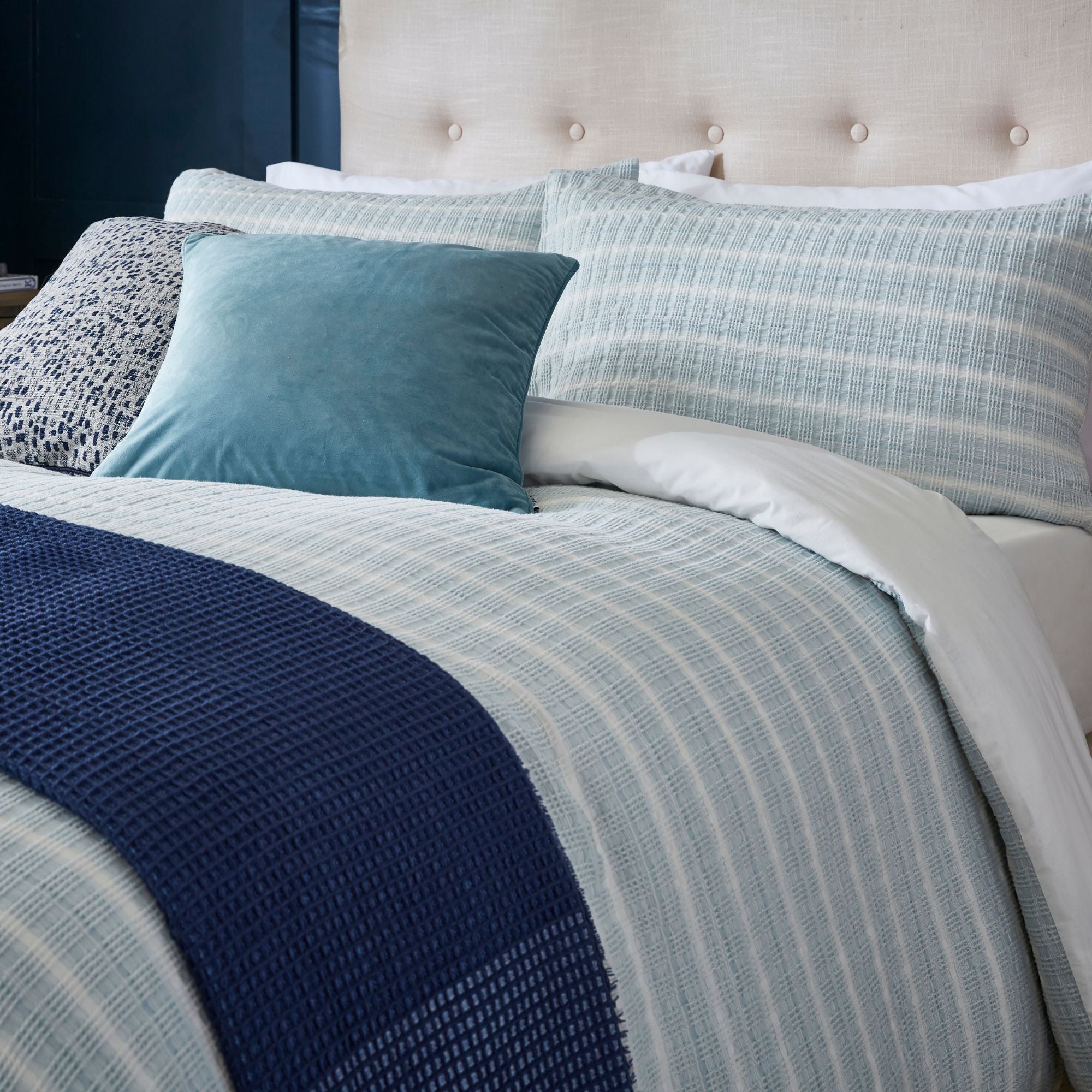 Buy Devon Waffle Blue 100% Cotton Duvet Cover & Pillowcases